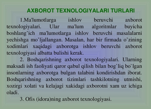 “AXBOROT TEXNOLOGIYALARI HAQIDA TUSHUNCHA” MAVZUSIDA TAQDIMOT