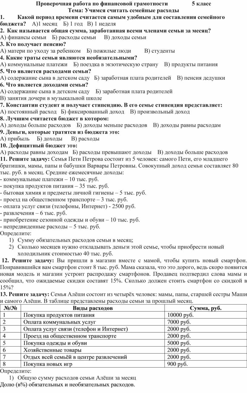 Проверочная работа по финансовой грамотности для учащихся 5 класса ...