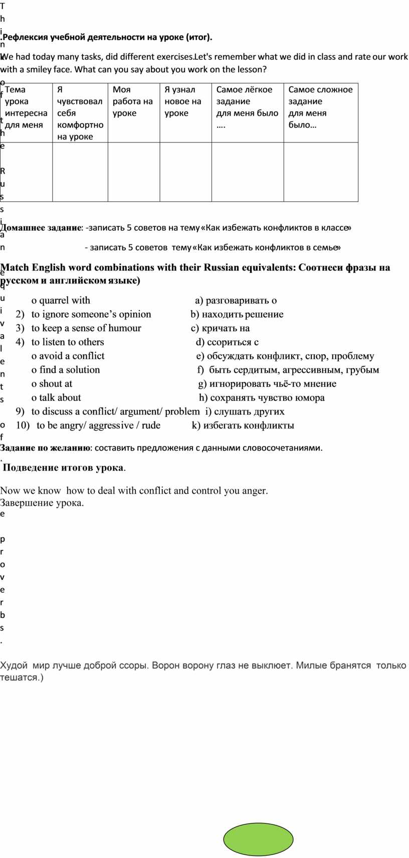 Конспект урока по теме "Конфликты" английский язык 8 класс Спотлайт ...